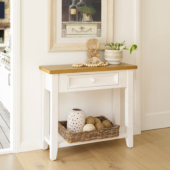 Byron Timber Top Console Table With Drawer And Shelf