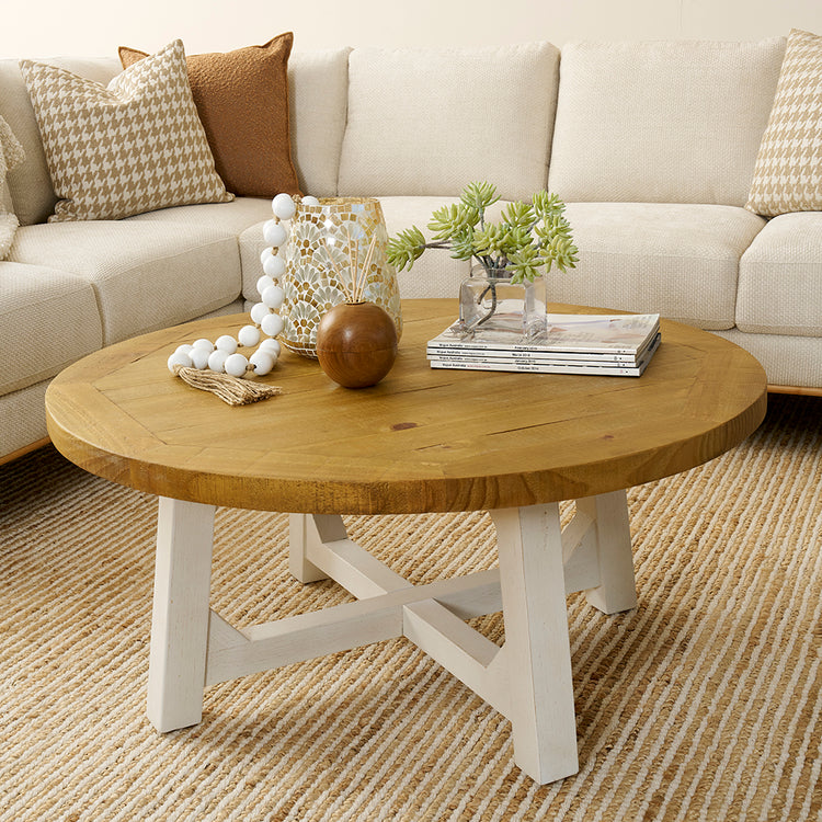 Byron Rustic Tawny Stain Round Coffee Table With Timber Top