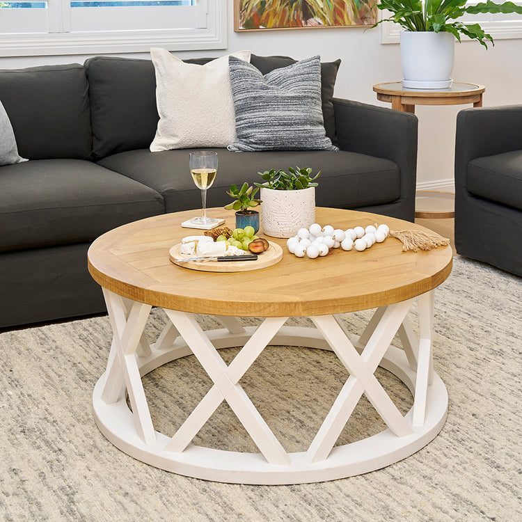 Byron Round Coffee Table in Rustic Tawny Stain And Washed Ivory