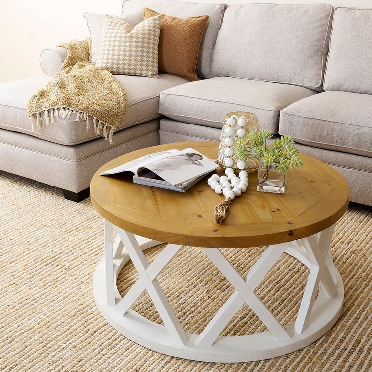 Byron Round Coffee Table in Rustic Tawny Stain And Washed Ivory