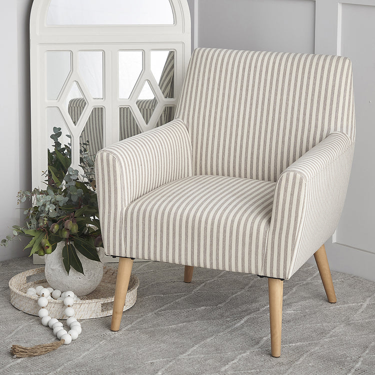 Evie Deep Taupe & Cream Stripes Armchair With Birch Wood Legs