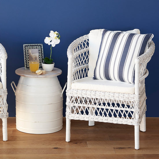 Milk Can Side Table Storage with White Metal Base | 1825 Interiors