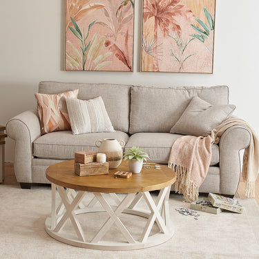 Byron Round Coffee Table in Rustic Tawny Stain And Washed Ivory